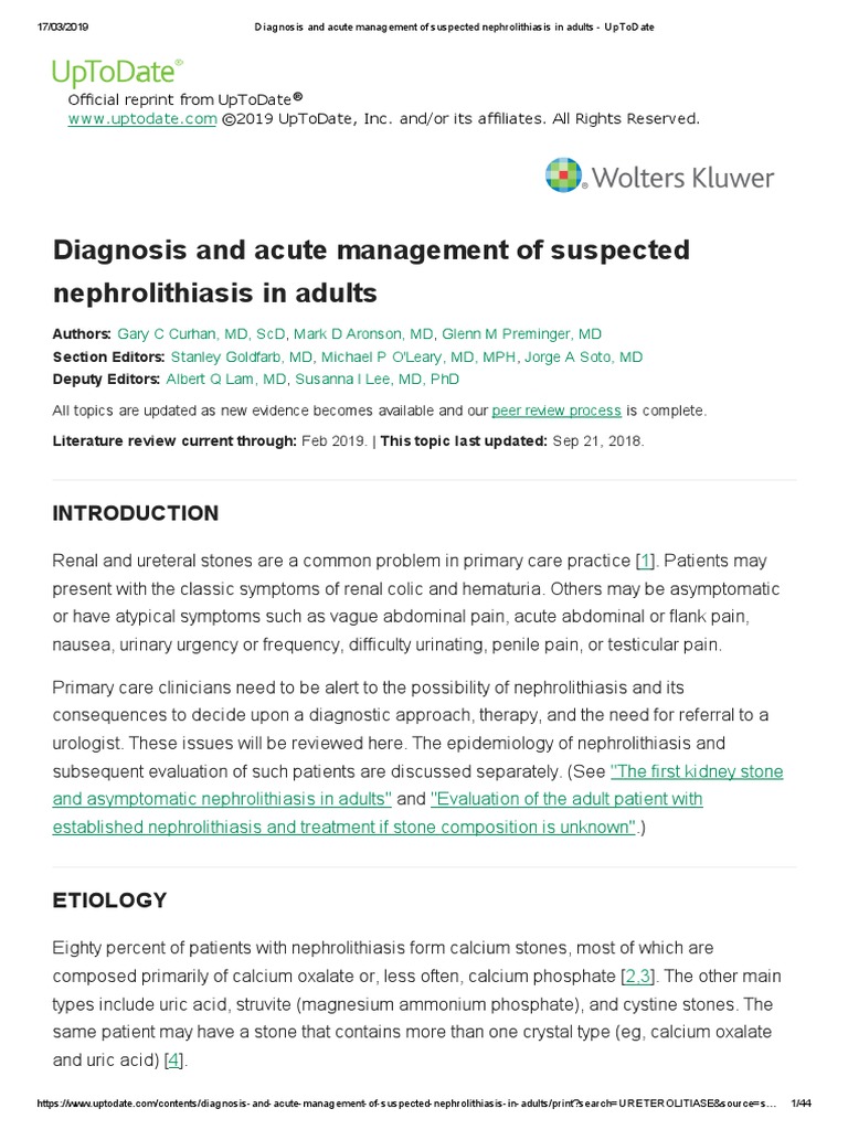 Diagnosis and Acute Management of Suspected Nephrolithiasis in Adults ...