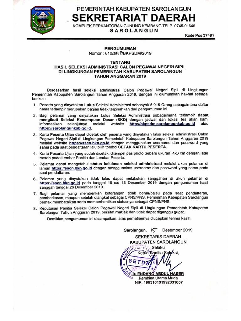 Pengumuman Kelulusan Administrasi | PDF