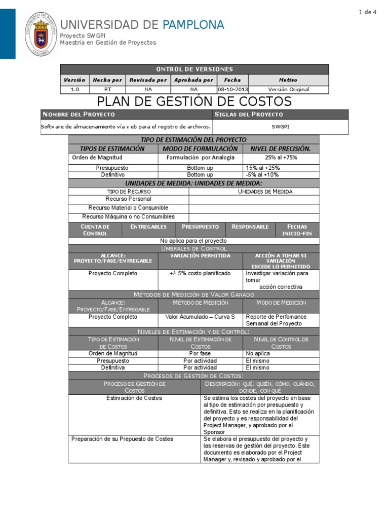 Plan de Gestion de Costos | PDF | Gestión de proyectos | Presupuesto