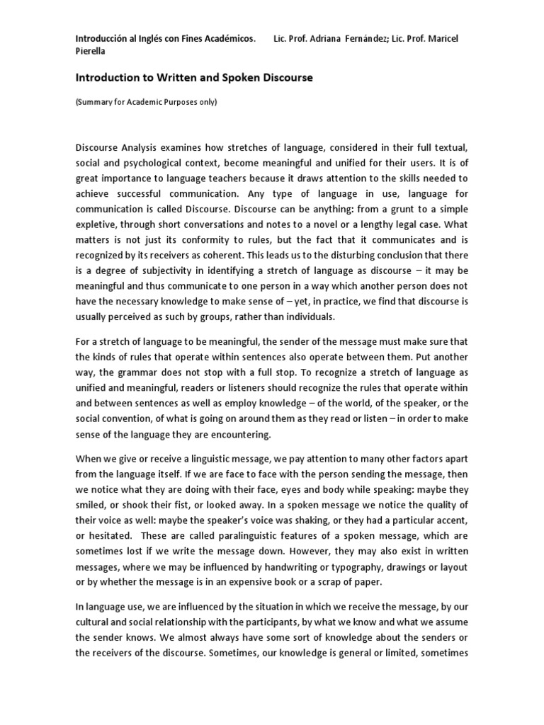Introduction To Written and Spoken Discourse | PDF | Speech | Discourse