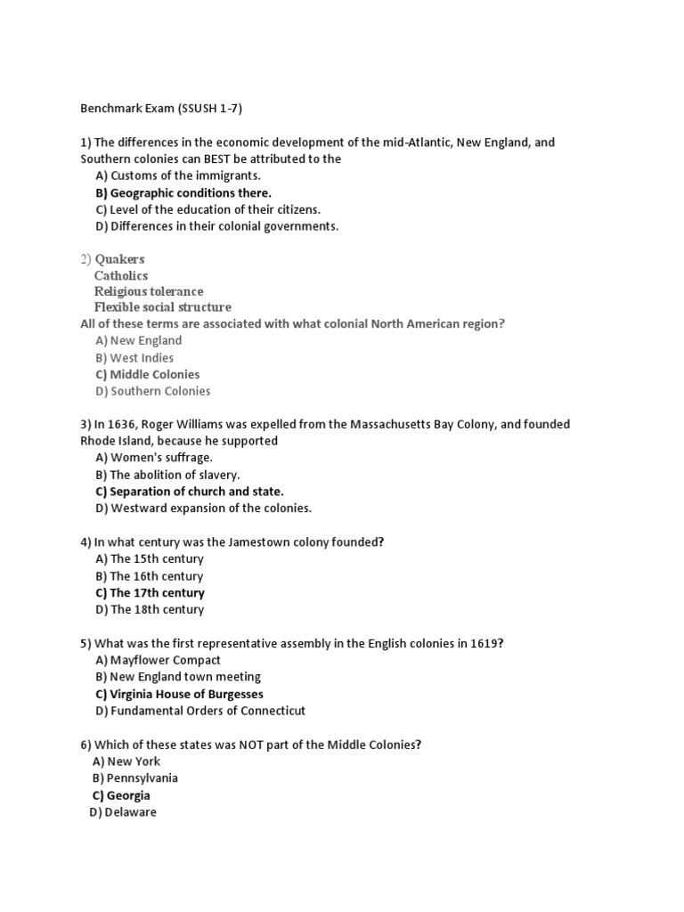 SSUSH 1-7 Benchmark Key | PDF | Thirteen Colonies | Liberty