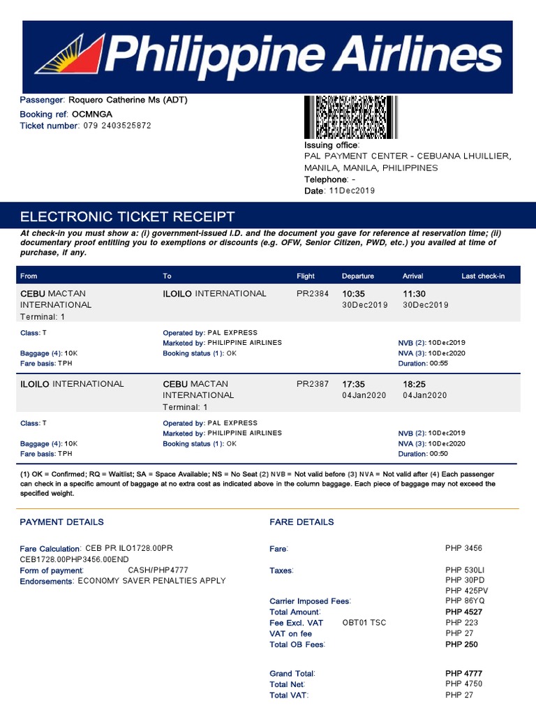 PAL Electronic Ticket Receipt | PDF | Baggage | Airlines