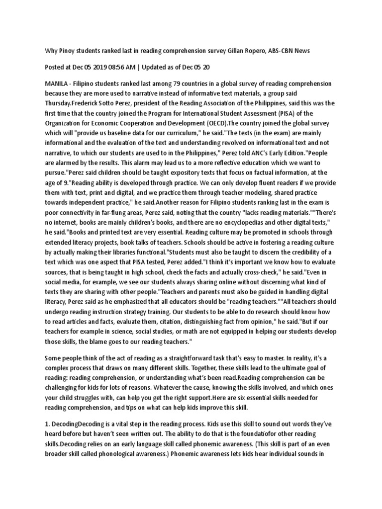 Why Pinoy Student Ranked Last in Reading Comprehension | PDF | Reading ...
