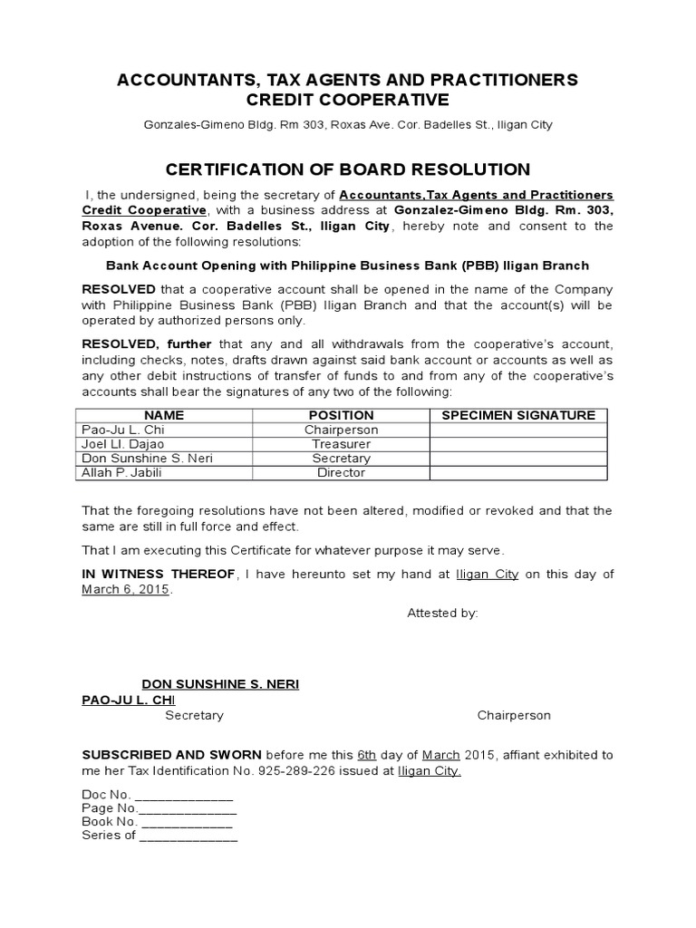 Board Resolution for Bank Account Opening | PDF | Law | Self-Improvement