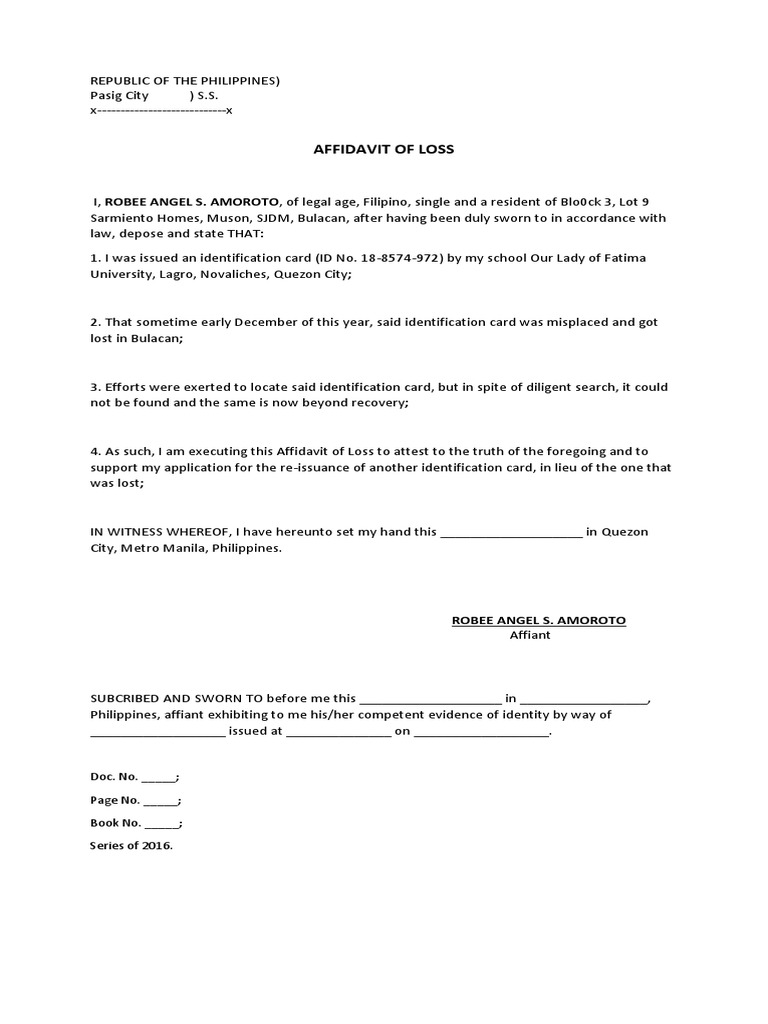 Affidavit of Loss | PDF | Affidavit | Legal Documents