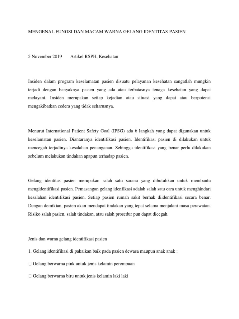 Mengenal Fungsi Dan Macam Warna Gelang Identitas Pasien | PDF ...