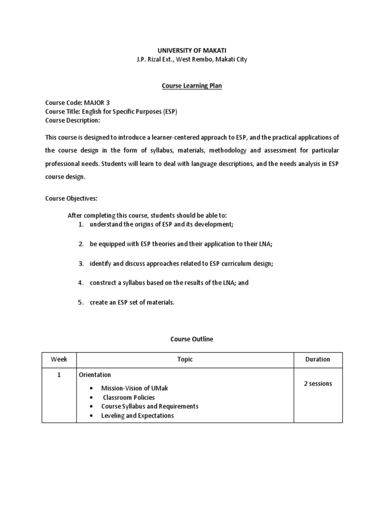 Course Outline ESP | PDF | Syllabus | Curriculum