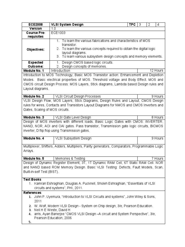 Ece2008 Vlsi System Design Syllabus | PDF | Mosfet | Cmos