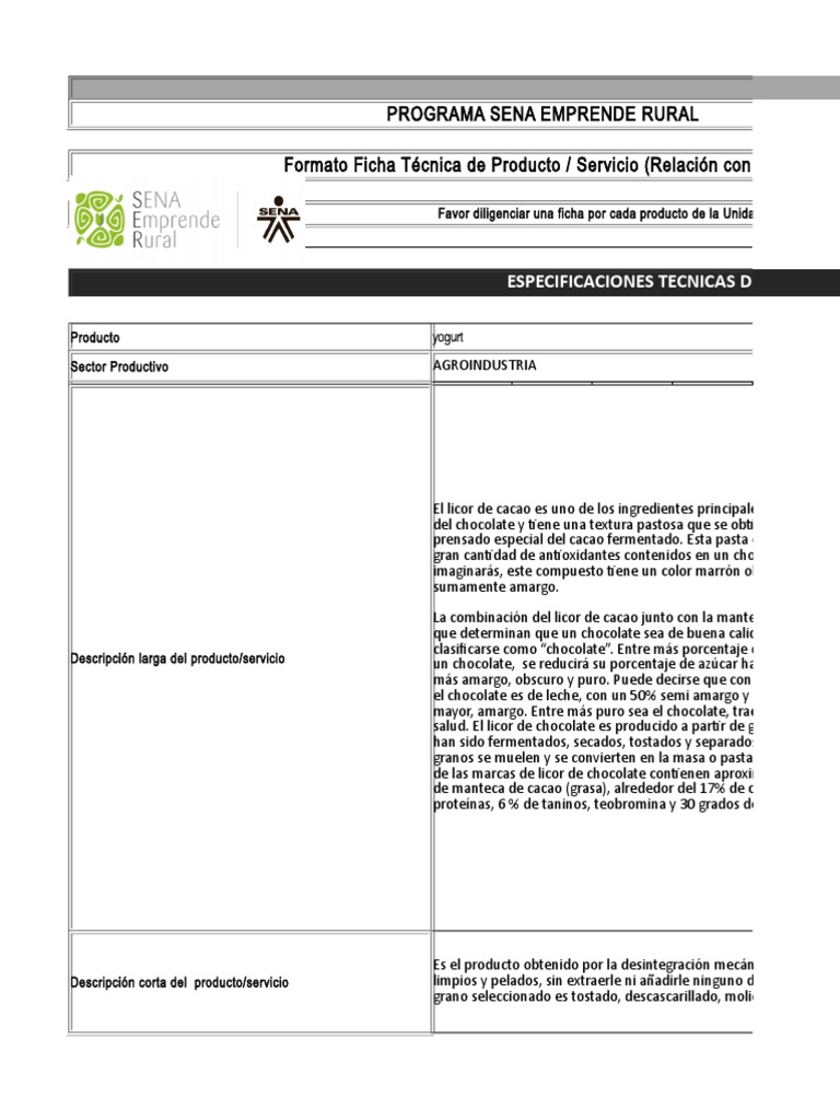 FICHA TECNICA Cacao | PDF | Chocolate | Comida y bebida FICHA TECNICA Cacao | PDF | Chocolate | Comida y bebida