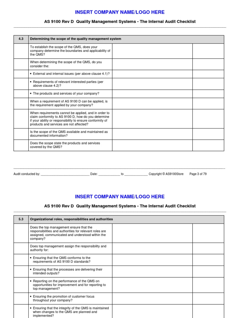 AS9100 Rev D Internal Audit Checklist | PDF | Quality Management System ...