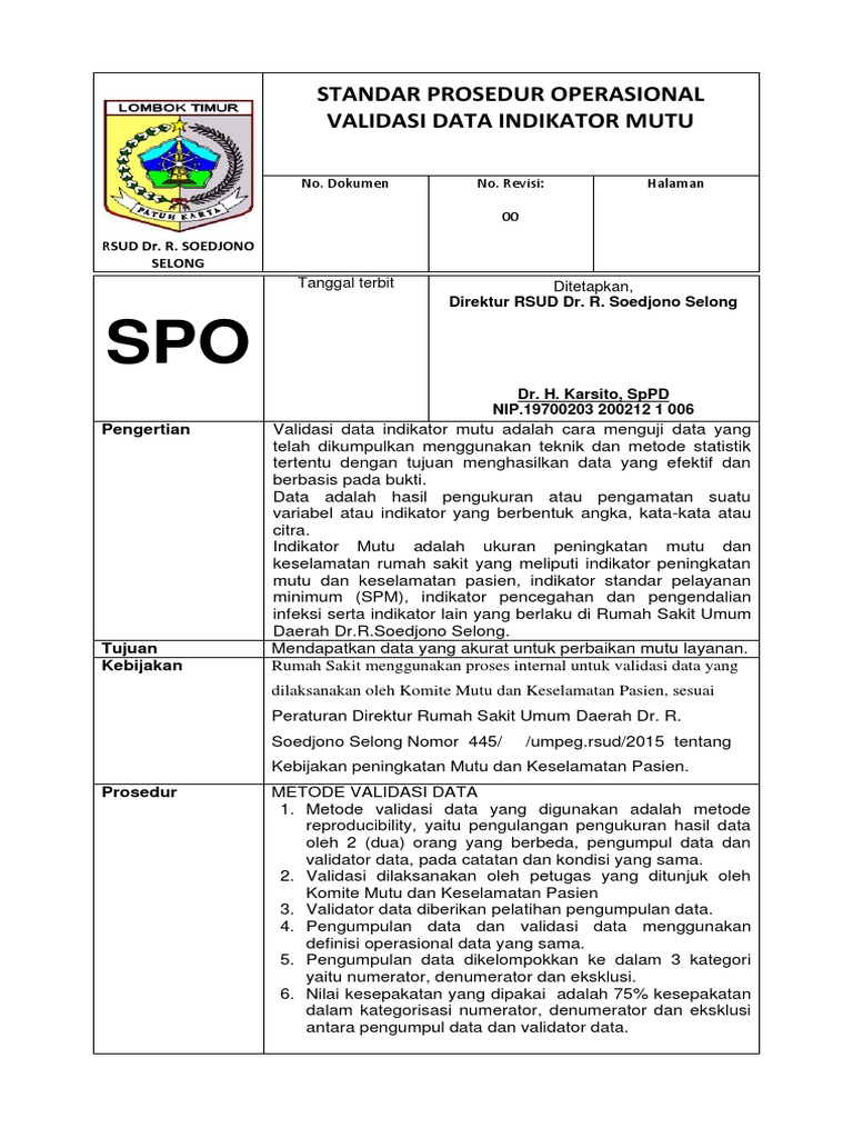 SOP Validasi Data Indikator Mutu | PDF