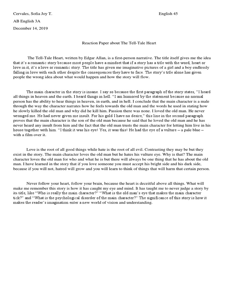 The Tell-Tale Heart Reaction Paper | PDF | Narrative | Hatred