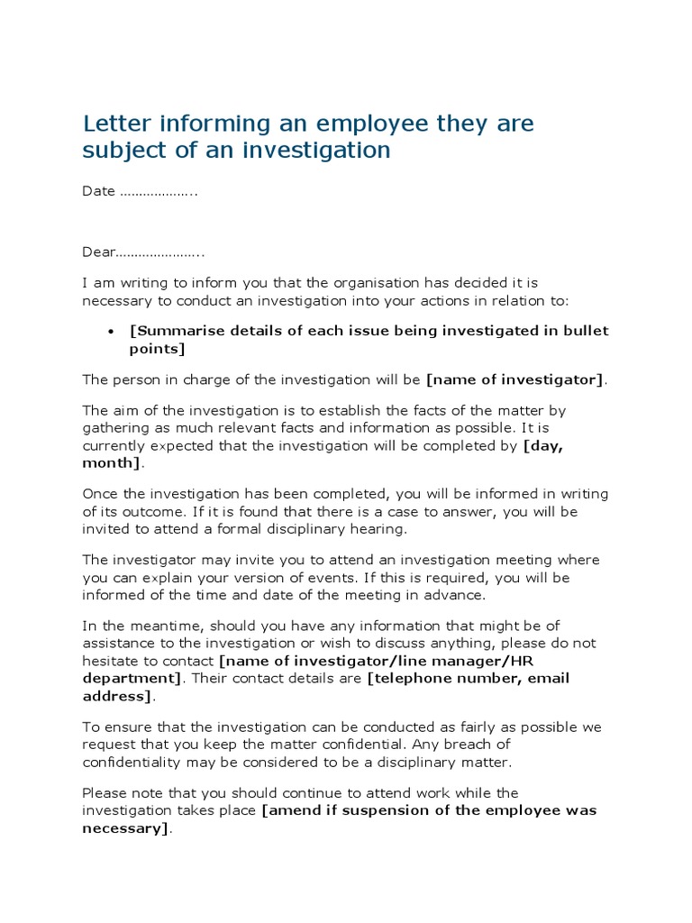 Letter Informing Employee They Are Subject of An Investigation - 0.odt ...