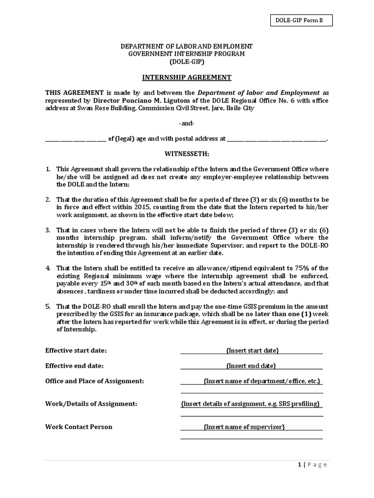 DOLE-GIP Form B (Internship Agreement) PDF | PDF | Unemployment ...