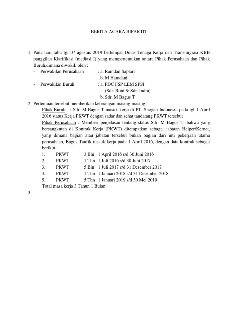 Berita Acara Bipartit | PDF