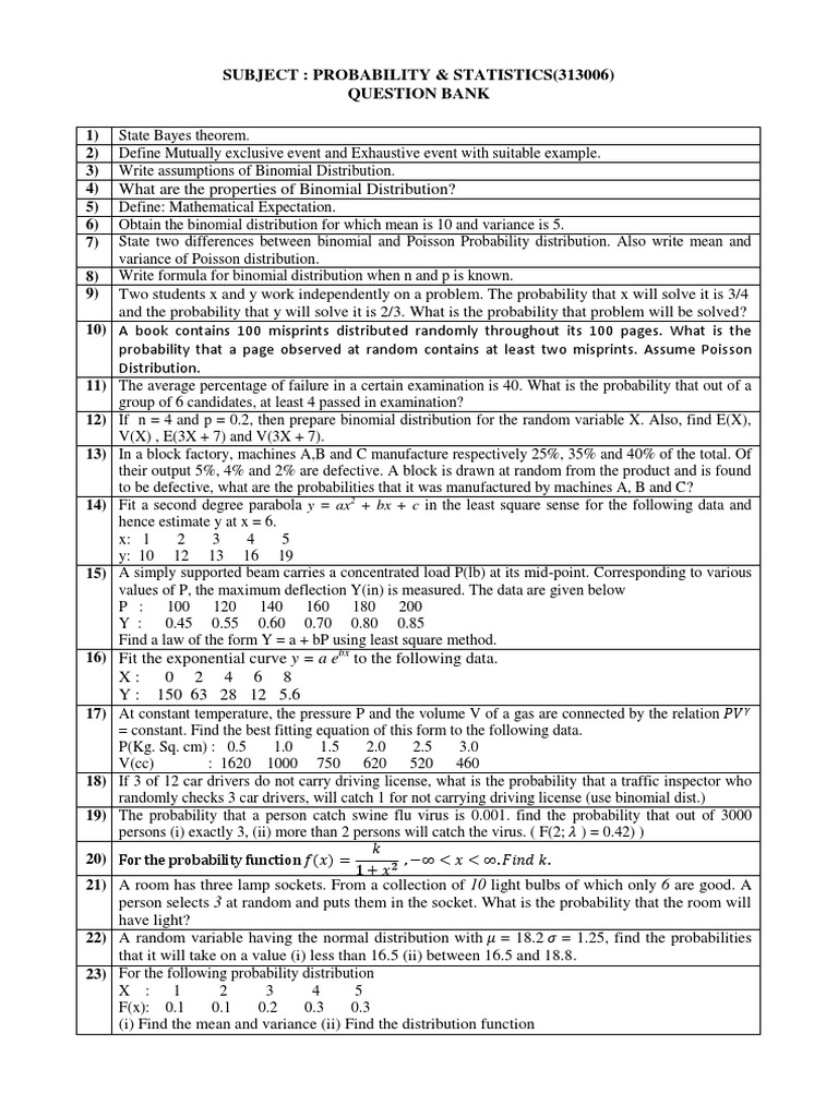 Imp Questions For Probability | PDF | Probability Distribution | Variance