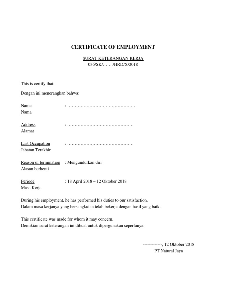 Master Surat Keterangan Kerja | PDF