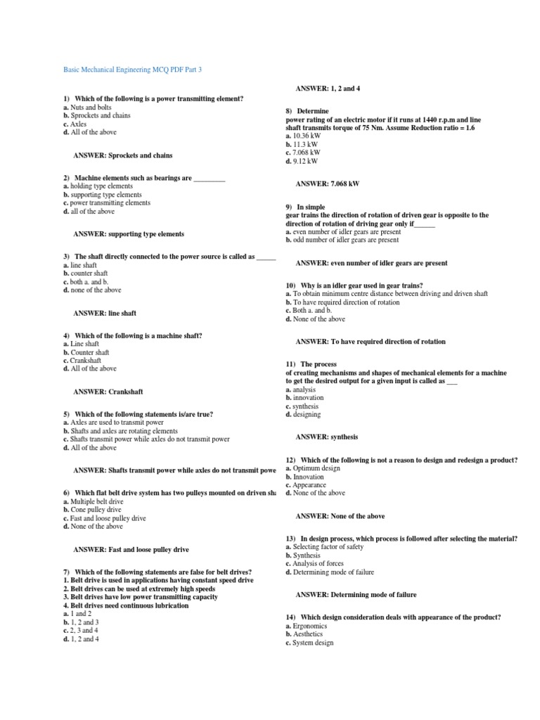 Basic Mechanical Engineering MCQ PDF Part 3 | PDF | Belt (Mechanical ...