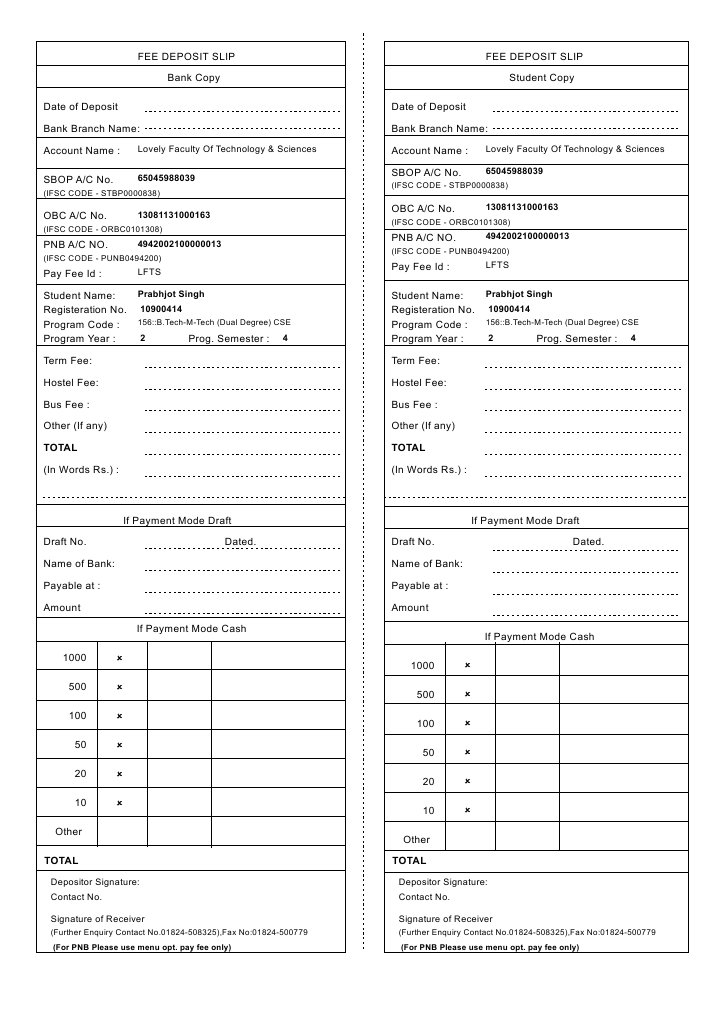 Fee Deposit Slip Template | PDF | Deposit Account | Money
