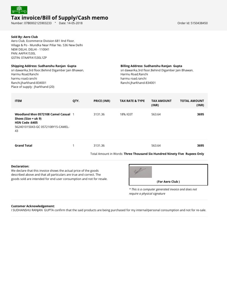 Invoice for Woodland Shoes Purchase | PDF | Invoice | Receipt