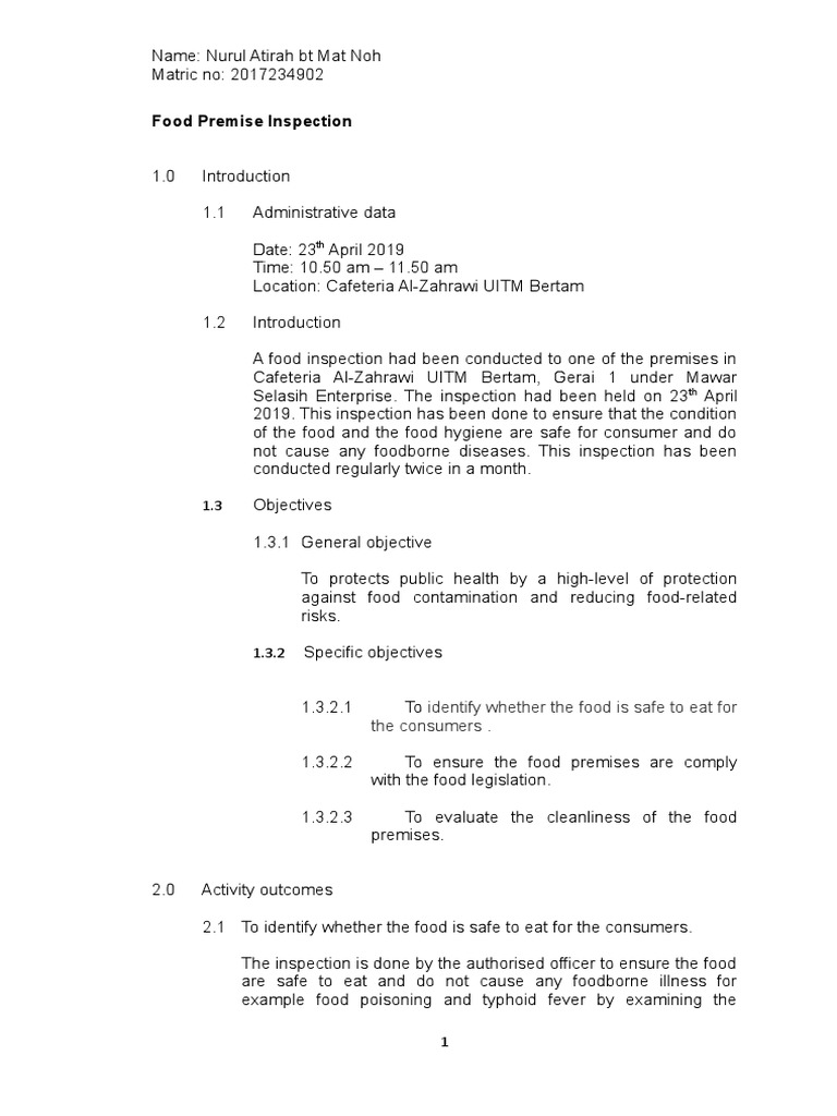 HS113 - ATIRAH Food Inspection Report | PDF | Food Safety | Foodborne ...