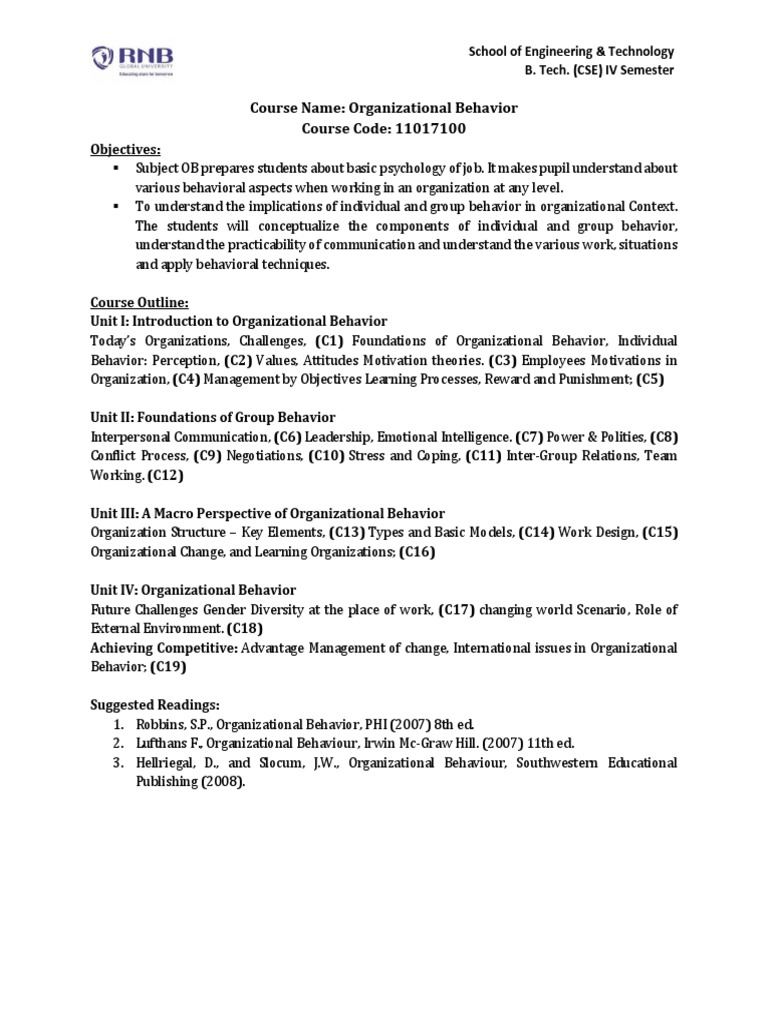 Organizational Behavior Course Outline | PDF Organizational Behavior Course Outline | PDF