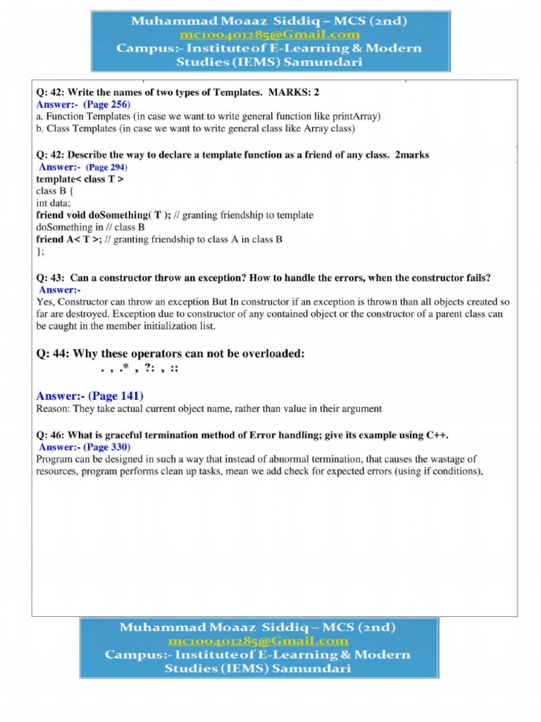 Virtual University Cs304 Object Oriented Programming Final Term 2012 Subjective Solved Past
