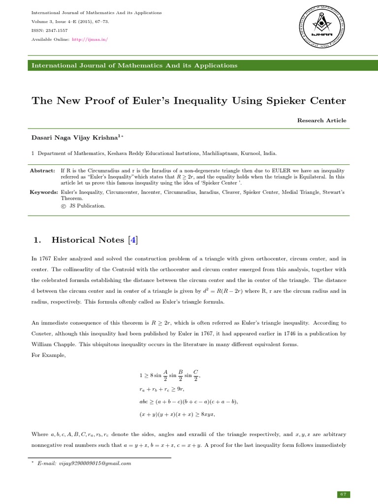 The New Proof of Euler's Inequality Using Spieker Center | PDF ...