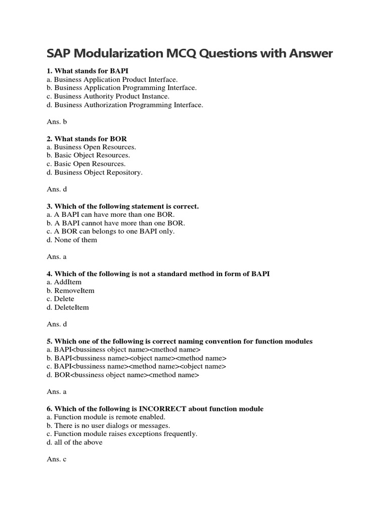 Sap Modularization Mcq Questions With Answer Pdf Subroutine Class Computer Programming 0298