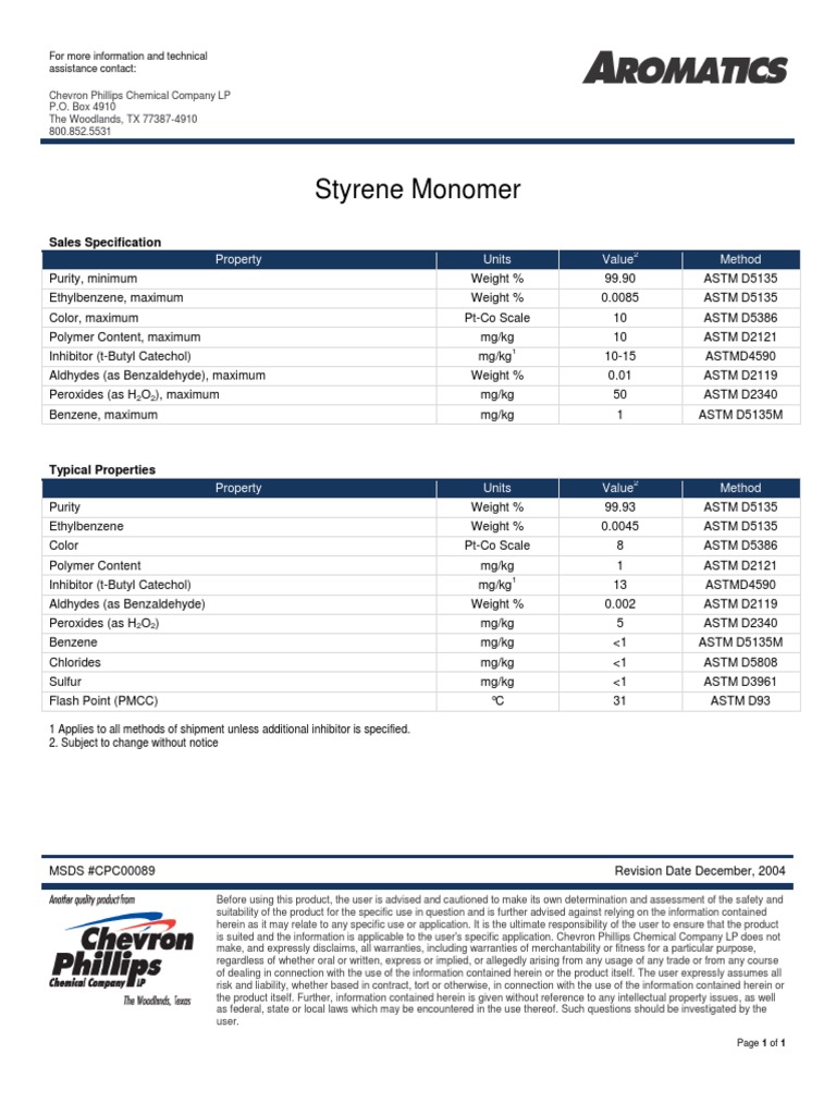 Styrene Monomer Specs & Safety | PDF | Common Law | Private Law