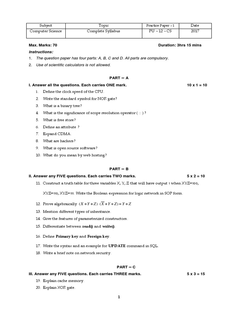 Karnataka Puc Computer Science Sample Papers 2019 Set 1 Question Paper ...