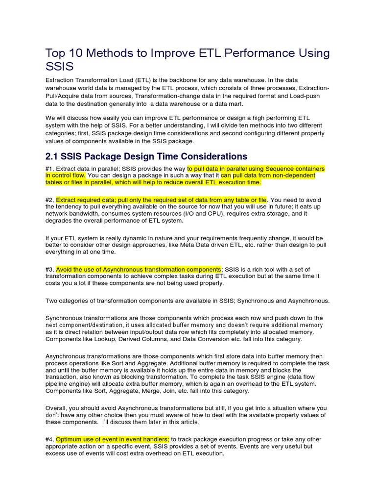 Top 10 Methods To Improve ETL Performance Using SSIS | PDF | Microsoft Sql Server | Database ...