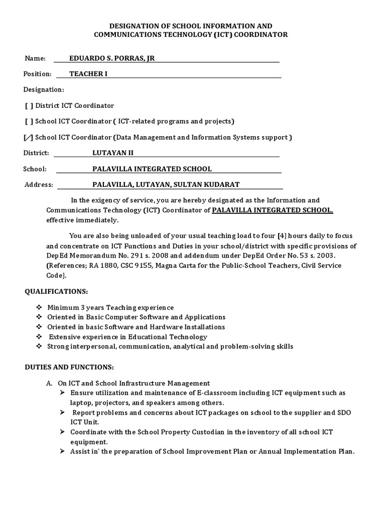 Ict Designation Form | PDF | Educational Technology | Information And ...