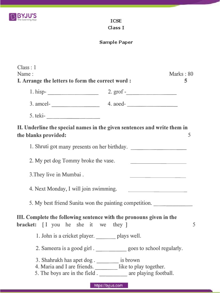 ICSE Class 1 English Language Sample Paper | PDF | Morphology | Languages