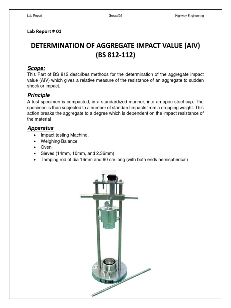 Lab Report 1 DETERMINATION OF AGGREGATE IMPACT VALUE (AIV) (BS 812-112 ...