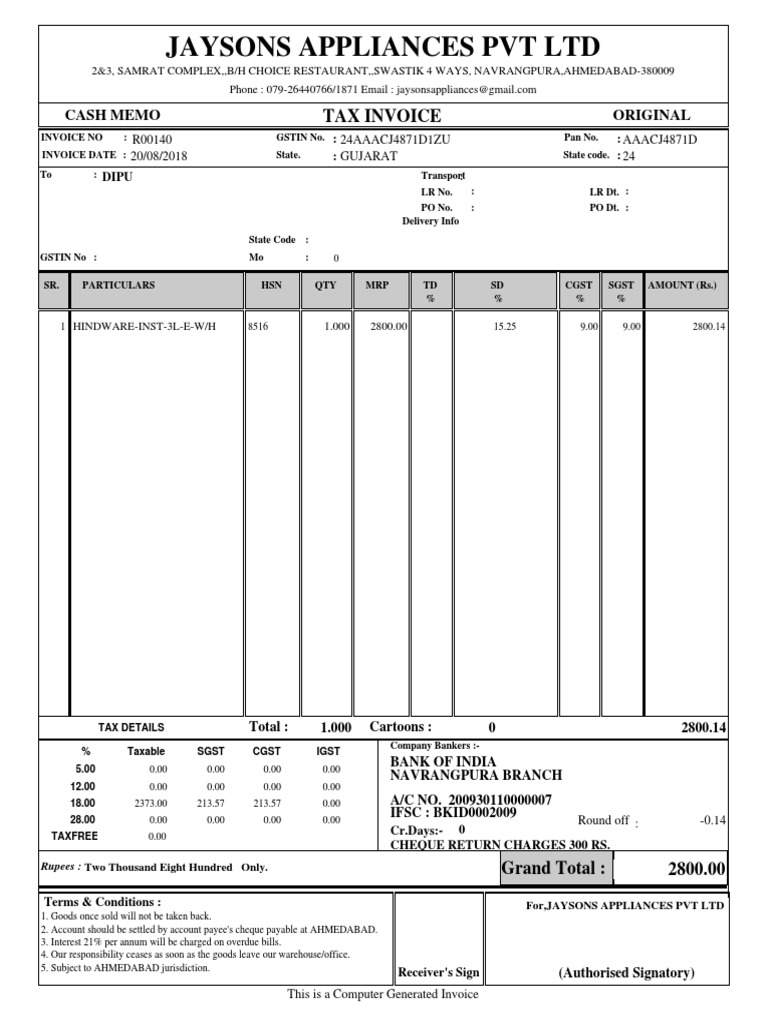 Invoice for Appliance Purchase | PDF | Cheque | Invoice