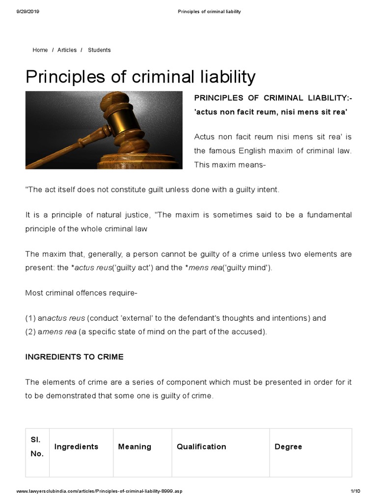 Principles of Criminal Liability | PDF | Mens Rea | Criminal Law