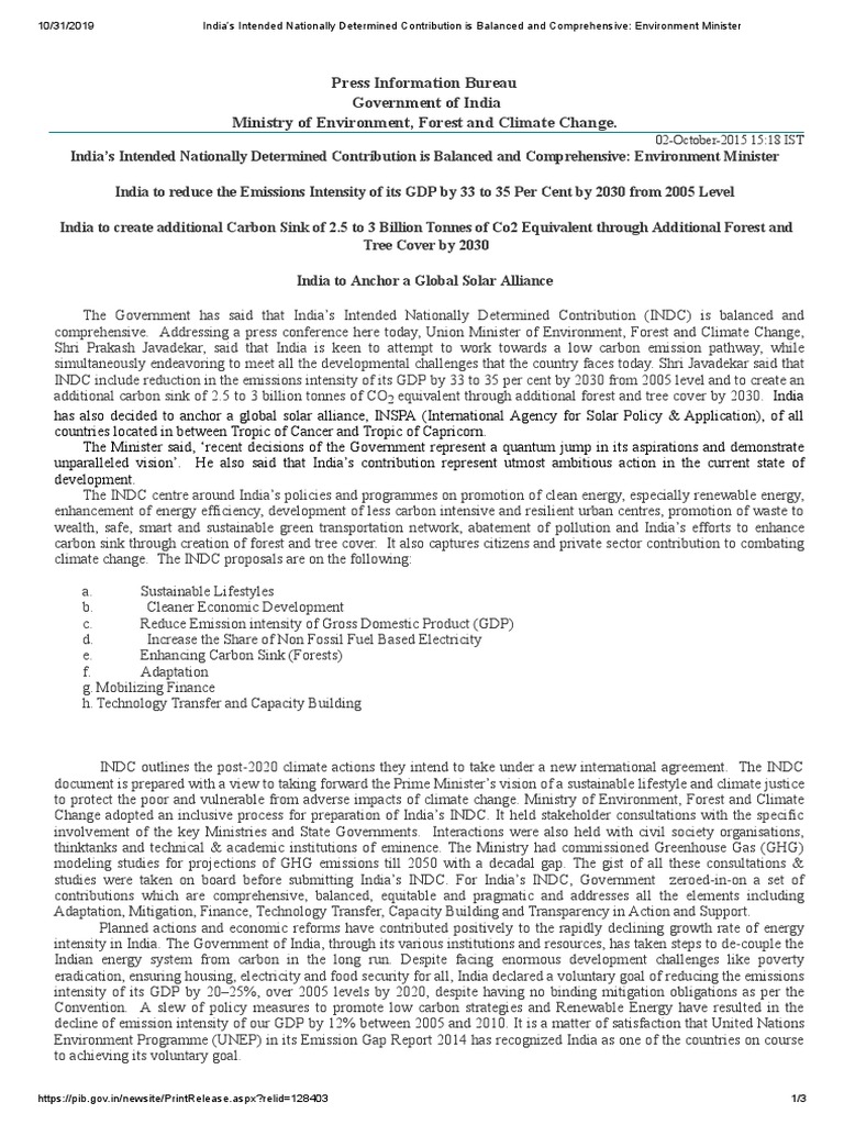 India's Intended Nationally Determined Contribution | PDF | Renewable ...