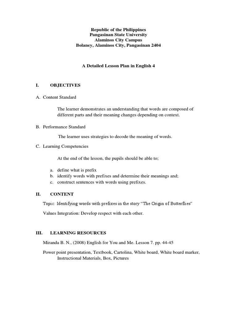 A Detailed Lesson Plan in English 4 | PDF | Lesson Plan | Cognition