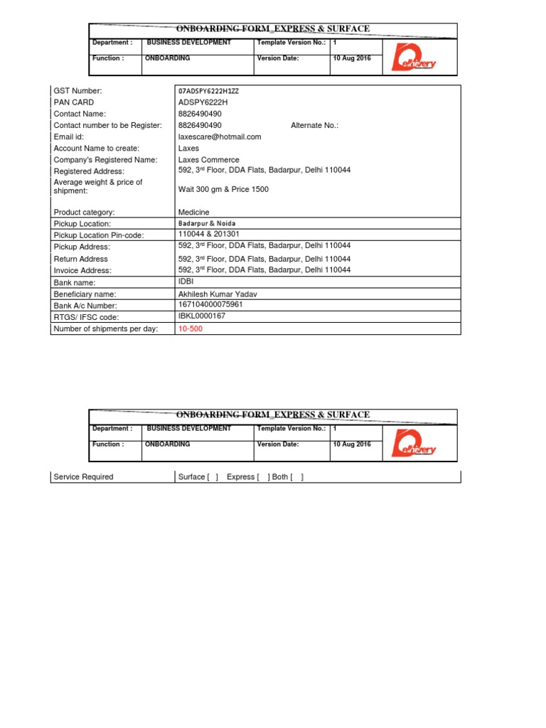 Onboarding Form - EXPRESS AND SURFACE | PDF | Finance & Money Management