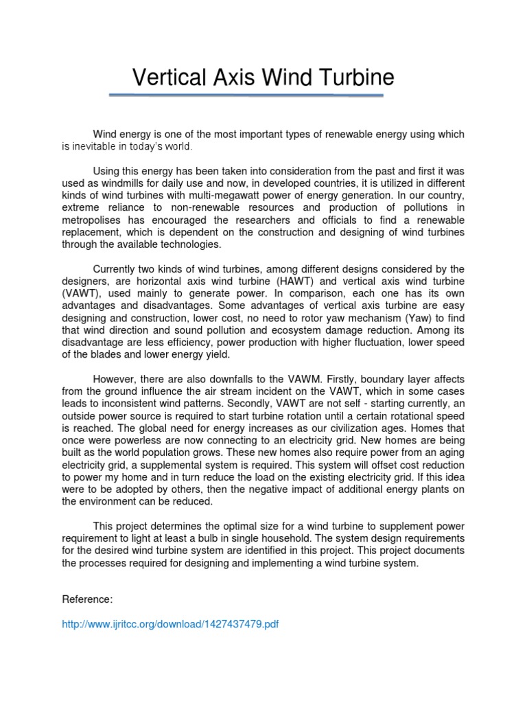 Vertical Axis Wind Turbine Proj | PDF | Wind Turbine | Wind Power