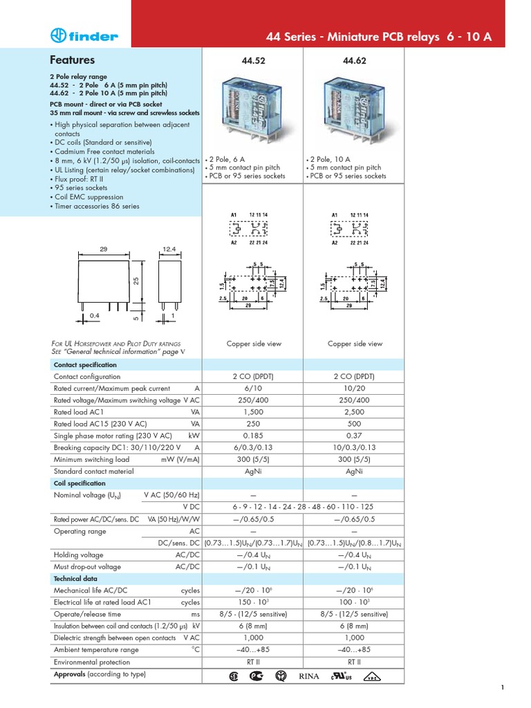 44 Series - Miniature PCB Relays 6-10 A: Technical Specifications and ...
