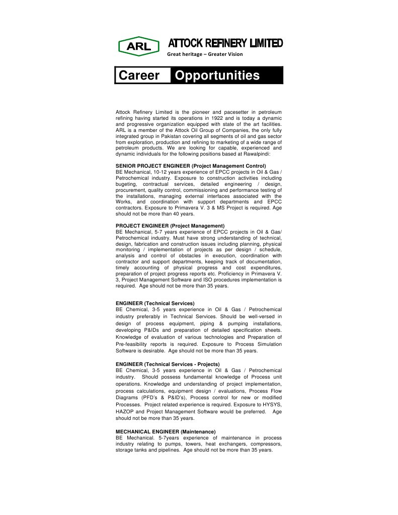 Career Opportunities at Attock Refinery Limited: Job Postings for ...