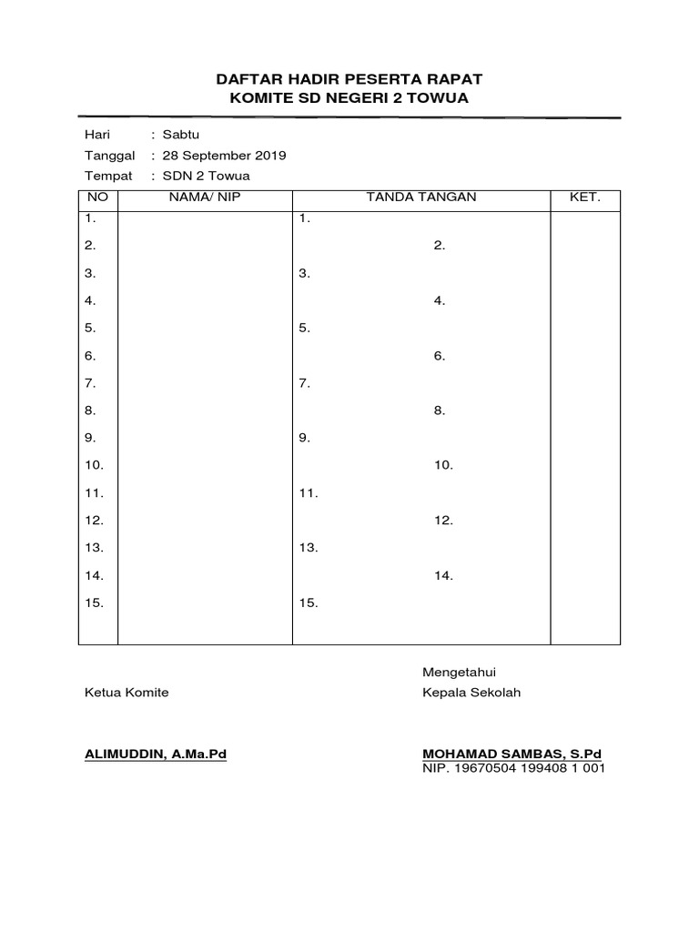 Daftar Hadir Rapat Komite Bos | PDF
