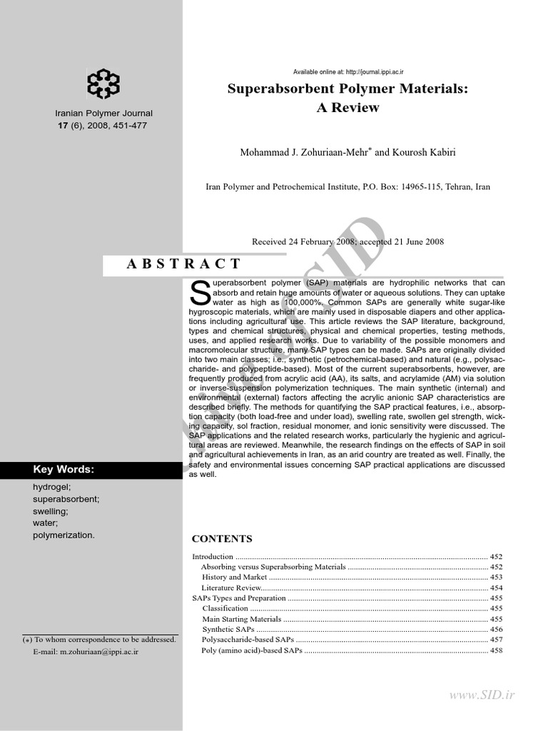 Superabsorbent Polymers Overview | PDF | Gel | Polymers