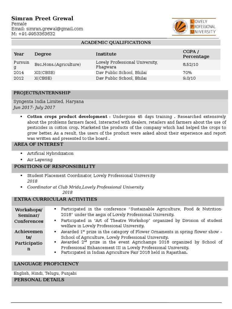 Agriculture - Sample CV | PDF | Agriculture | Food Industry