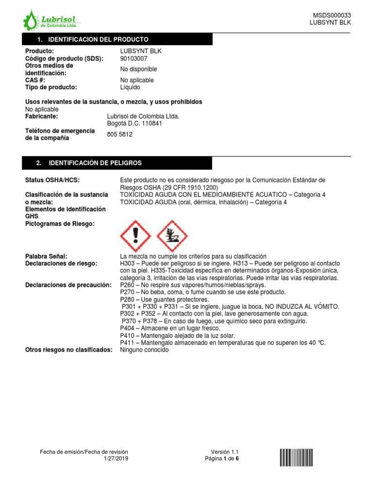 Refrigerante Ficha de Seguridad | PDF | Toxicidad | Contaminación
