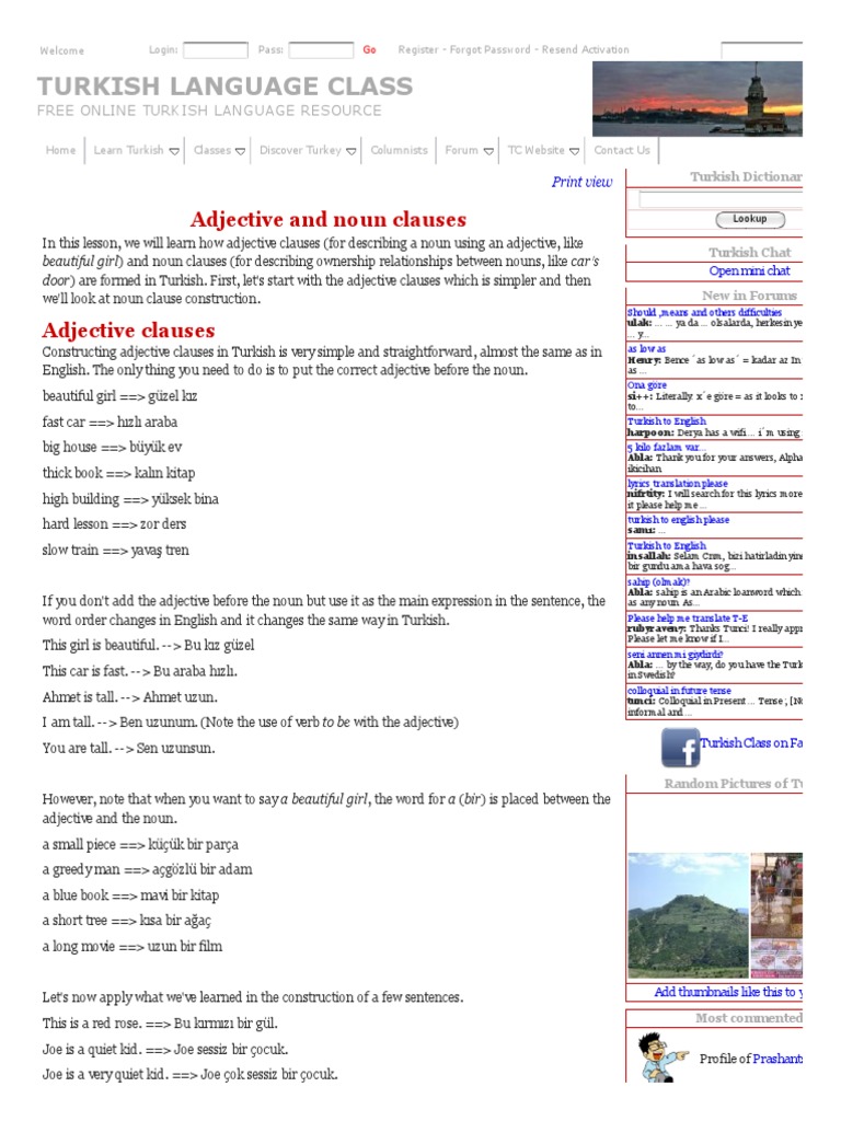27 Adjective and Noun Clauses - Turkish Language Lessons | PDF ...