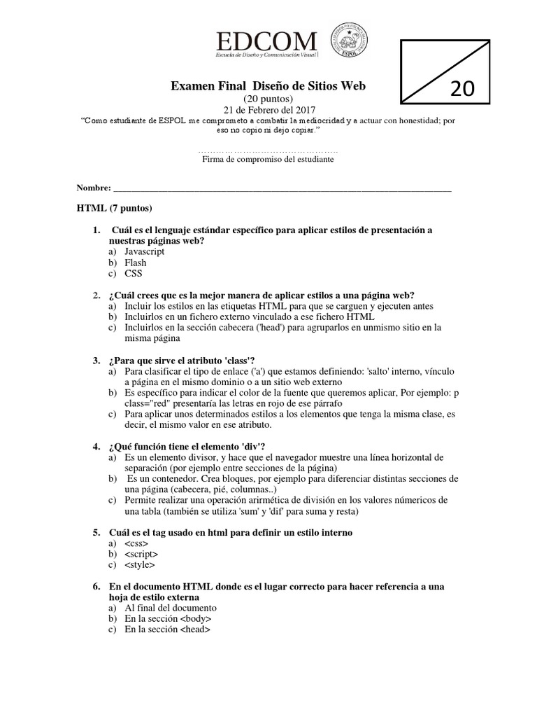 Examen HTML | PDF | HTML | Hojas de estilo en cascada