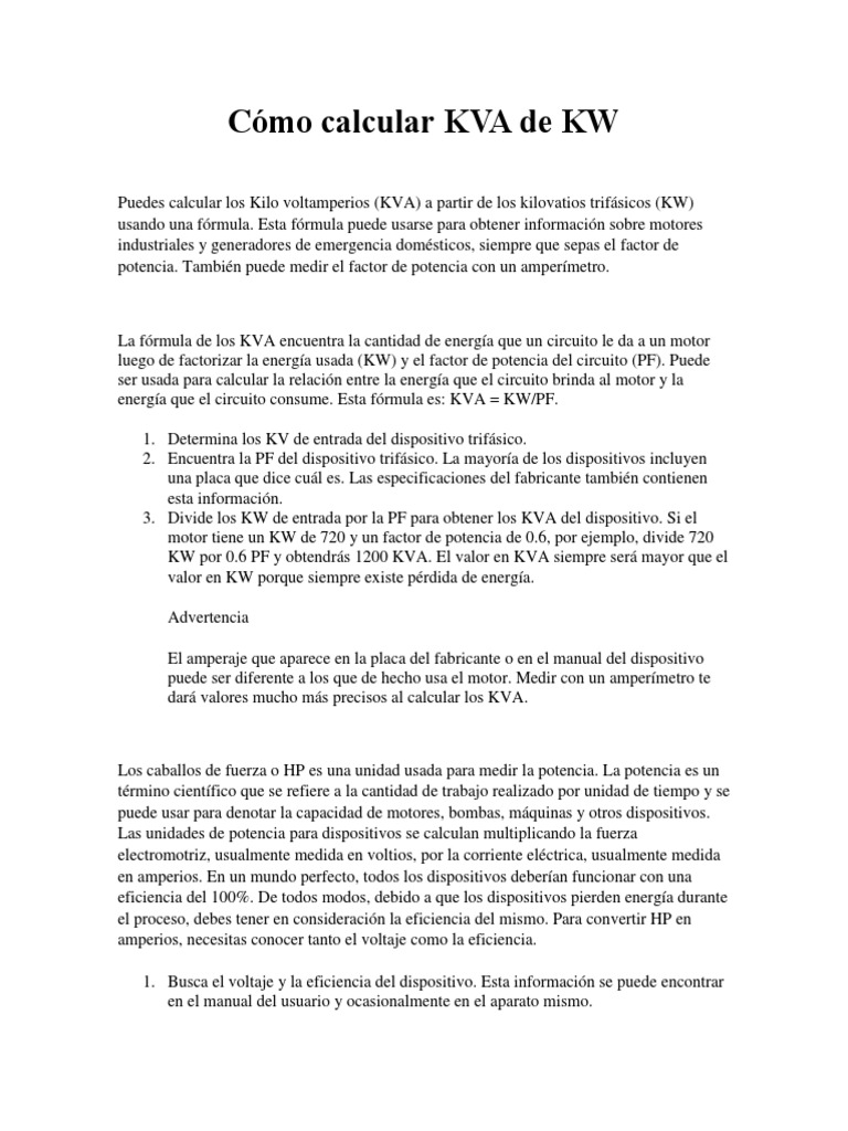 Cómo Calcular KVA de KW | PDF | Corriente eléctrica | Voltio